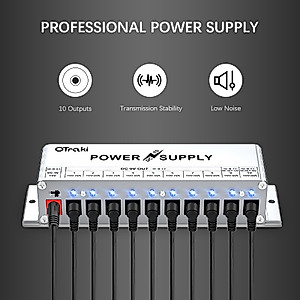 OTraki Guitar Pedal Power Supply 10 Individual DC Output Interfaces Pedal Power Supplies for 18V 12V 9V Effect Pedal Power Supply with Smart Short Circuit and Over Current LED Indicate, White