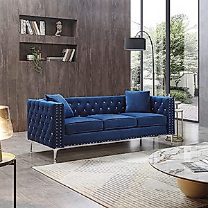 HomSof 82.3" Width Modern Velvet Sofa Jeweled Buttons Tufted Square Arm Couch with 2 Pillows, 3 Seater, Blue(3 Seater)