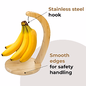 JS Gourmet Bamboo Banana Stand with Stainless Steel Hanging Hook, Ideal for Holding Bananas and Elevating Your Tabletop and Kitchen Décor