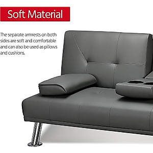 Futon Sofa Bed Modern Folding Couch for Small Space, Faux Leather Convertible Loveseat Sleeper Bed Daybed Recliner Lounge Sofas for Living Room,2 Cup Holders,Metal Legs,Removable Armrests (Gray)
