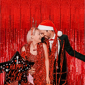 2 Pack Red Streamers Party Backdrop Christmas Decorations Foil Fringe Backdrop Curtains Carnival Casino Theme Birthday New Year Holiday Celebration Bachelorette Party Decorations Supplies