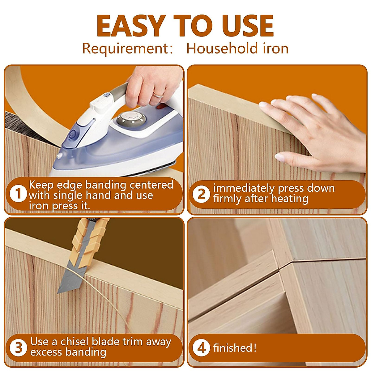 QTLCOHD 2 Roll Edge Banding 3/4 Inch x 65 Ft. Wood Veneer Edge Banding Iron on with Hot Melt Adhesive Pre-glued Flexible Birch Edge Banding for Cabinet Repair Furniture