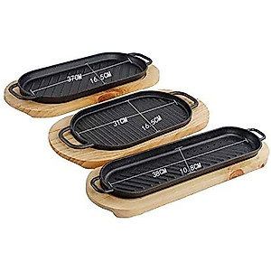 Mavoorick Cast Iron Steak Platter,Skillet Serving Plate with Handle, Kitchen Asian Style Cast Iron Serving Dish with Wooden Serving Board,Grilled Steak Grilled Meat Iron Plate-S