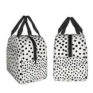 Insulated Lunch Bag Reusable Lunch Box, Cooler Lunch Tote Bag with Front Pocket for Picnic Office Work, Cute Black And White Polka Dot