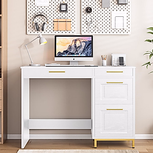 4 EVER WINNER White Desk with Drawers, 43” Home Office Small Desk with Drawers, Gold Hardware for Small Space, White and Gold Desk Writing Study Table for Bedroom