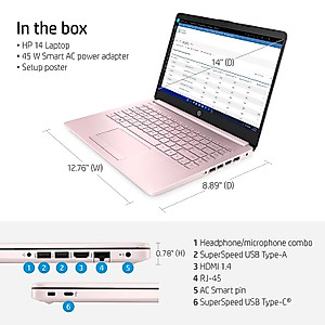 HP Premium 14-inch HD Thin and Light Laptop, Intel Quad-Core Processor, Long Battery Life, Webcam, Bluetooth, Wi-Fi, Portable SSD, Pink, Win 11 + 1 Year Microsoft 365 (16GB RAM | 320GB Storage)