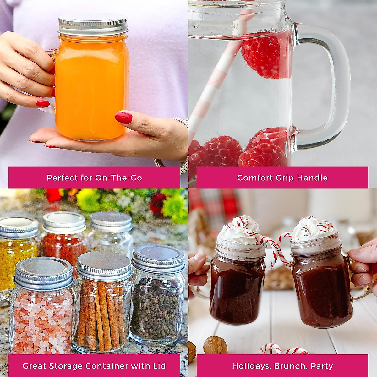 Kate Aspen 12 oz. Mason Jar Mugs With Handles & Solid Lid (Set of 6)| Kitchen Drinking Glass Cups | DIY Baby Shower Favors, Candy Jars, Rustic Wedding Decor and Party Favors