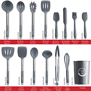 Silicone Cooking Utensils Set - Stainless Steel Handle, 15 Piece Kitchen Utensil Sets | Nonstick, Heat Resistant, BPA Free & Dishwasher Safe | Grey