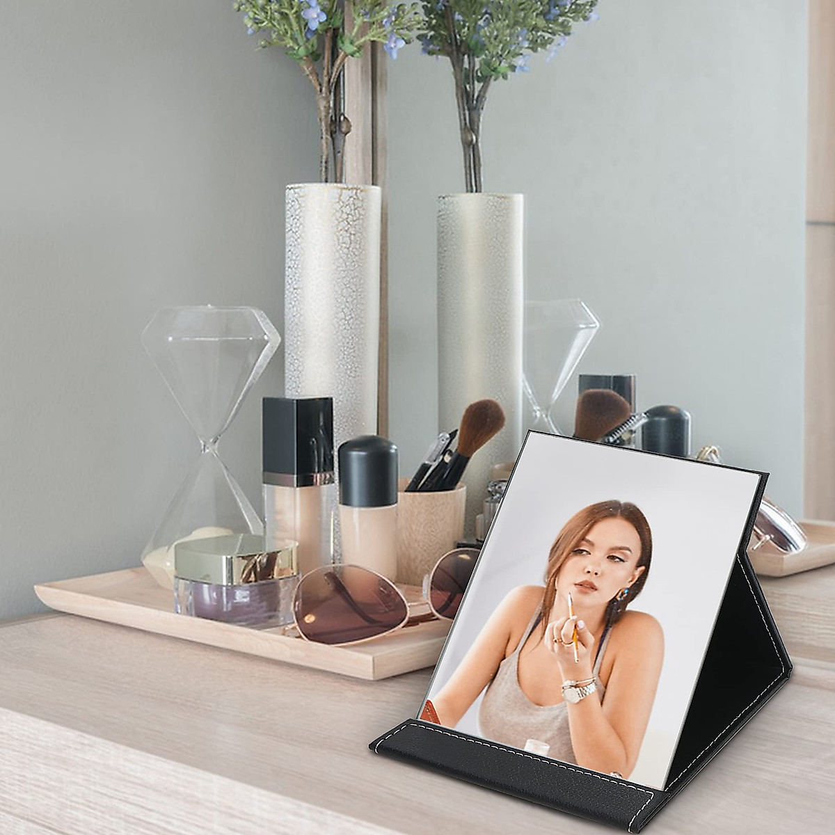 EFAILY Folding Travel Mirror, PU Portable Adjustable Rectangular Ultrathin Mirror, for Travel, Camping,Home (8.7W×6.1L)