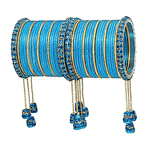 Ratna Indian Bollywood Bangles Women Wedding & Party Wear Pakistani Matching Outfit Color Latken Dangle Drop Bridal Bangle Set Pair Jewelry (Firozi, 2.4)