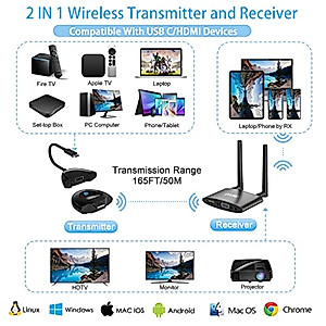 AIMIBO 2 in 1 Wireless HDMI Transmitter and Receiver 4K 5G, USB C & HDMI Transmitter, HDMI & VGA Dual Screens Receiver, Streaming Video/Audio for Macbook, Roku, Laptop, Samsung, Phone to TV, 165FT/50M