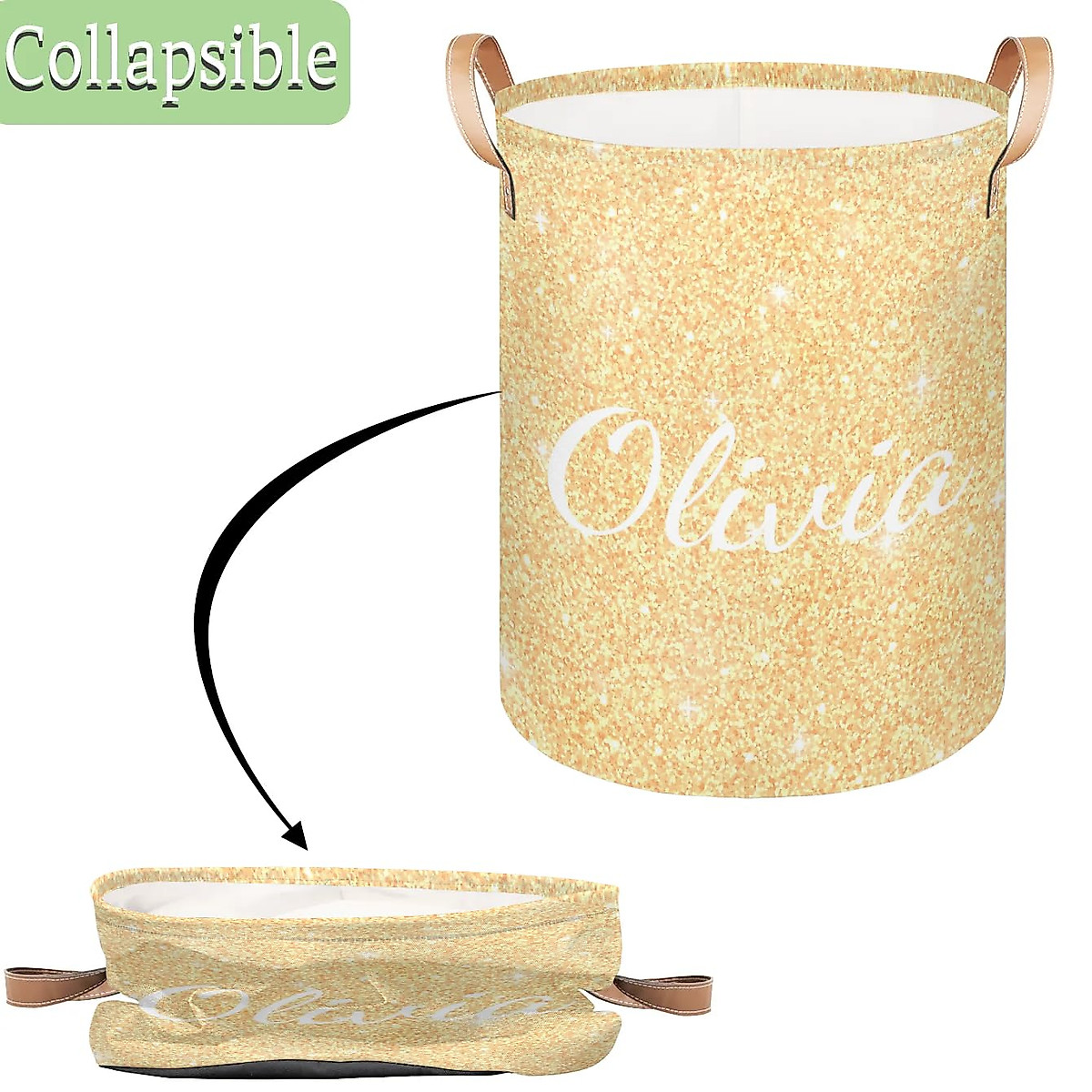 SPYORBKX Custom Laundry Basket with Name, Personalized Baby Laundry Hamper for Bedroom Bathroom, Round Storage Basket with Handle for Men Women Sparking