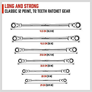 HORUSDY 10-Piece Extra Long Flex-Head Ratcheting Wrench Set - Chrome Vanadium Steel With Metric 8mm - 19mm,With 1/4",3/8",1/2" Socket Drive Adapter