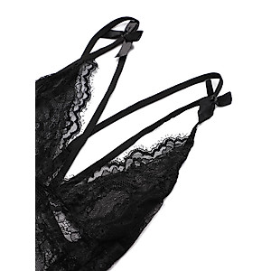 Hilinker Women's Floral Lace V Neck Lingerie Sleeveless Side Slit Nightwear Babydoll Chemise Sleepwear Black E Medium