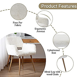 Goujxcy Elegant White Flurry Desk Chair for Girls Women, Modern Faux Fur Vanity Chair Makeup Chair with Armrest, Comfy Fuzzy Home Office Desk Chair with Meta Leg for Living Room,Bedroom