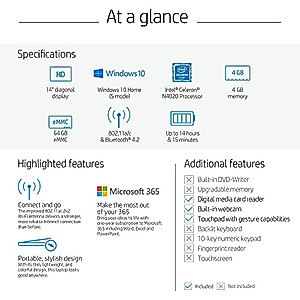 HP Stream 14-inch Laptop, Intel Celeron N4000, 4 GB RAM, 64 GB eMMC, Windows 10 Home in S Mode With Office 365 Personal For 1 Year (14-cb186nr, Brilliant Black) (9MV74UA#ABA)