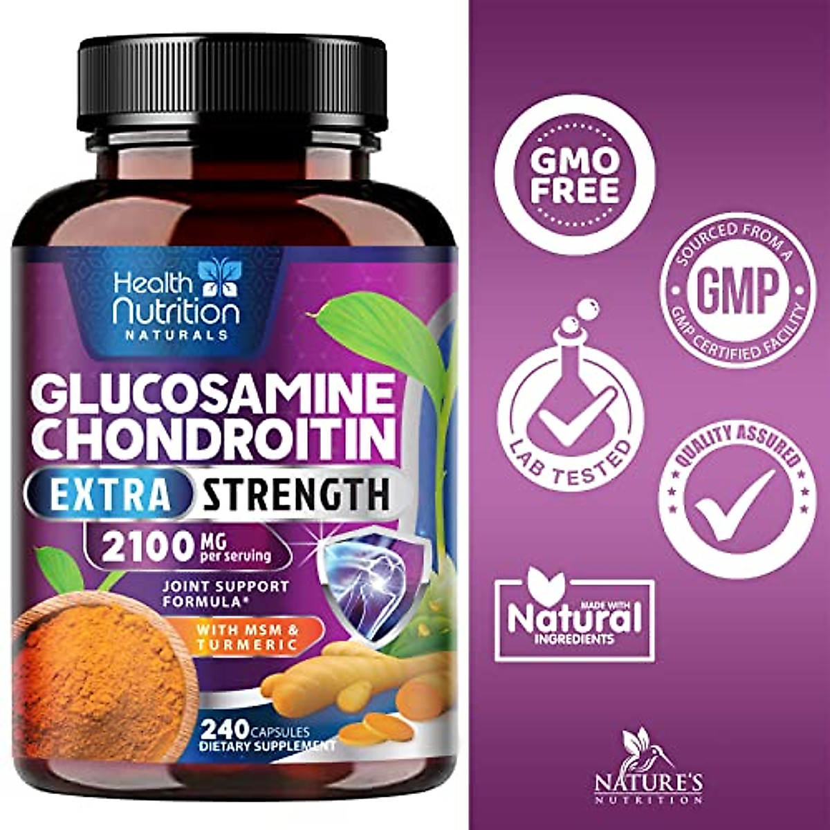 Glucosamine with Chondroitin Sulfate, Turmeric, MSM, Boswellia - Triple Strength Joint Support Supplement - Support for Joint Health and Mobility - Includes Quercetin, Bromelain - 240 Capsules