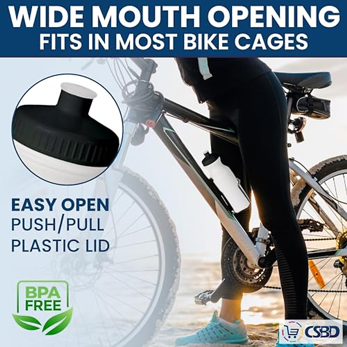 CSBD 20 oz. Bulk Water Bottles, Made in USA, Blank Plastic Reusable Water Bottles for Gym, Cycling, BPA Free, Plastic Water Bottles Pull Top Cap for Sports, White Bottle/Black Lid - 10 Pack