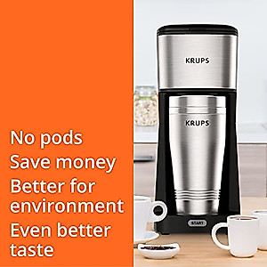 KRUPS Simply Brew to Go Single Serve Drip Coffee Maker with Travel Tumbler Included, 12 fluid ounces, Silver and Black