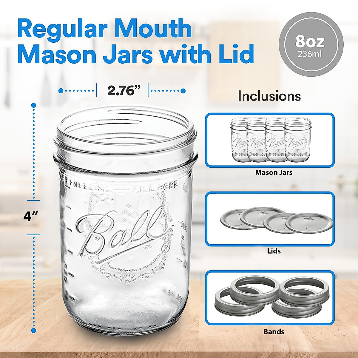 Regular Mouth Mason Jars 8 oz. (12 Pack) - Half Pint Size Jars with Airtight Lids and Bands for Canning, Fermenting, Pickling, or DIY Decors and Projects Bundled with Jar Opener