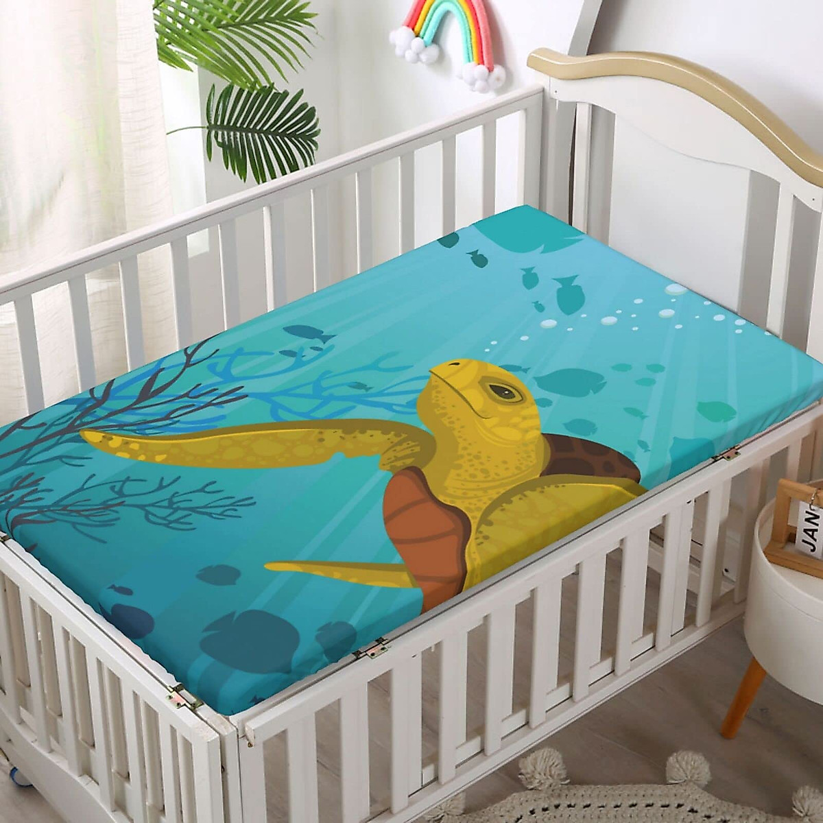 Turtle Themed Fitted Crib Sheet,Standard Crib Mattress Fitted Sheet Soft Toddler Mattress Sheet Fitted -Crib Mattress Sheet or Toddler Bed Sheet,52“ x28“,Turquoise Mustard Brown