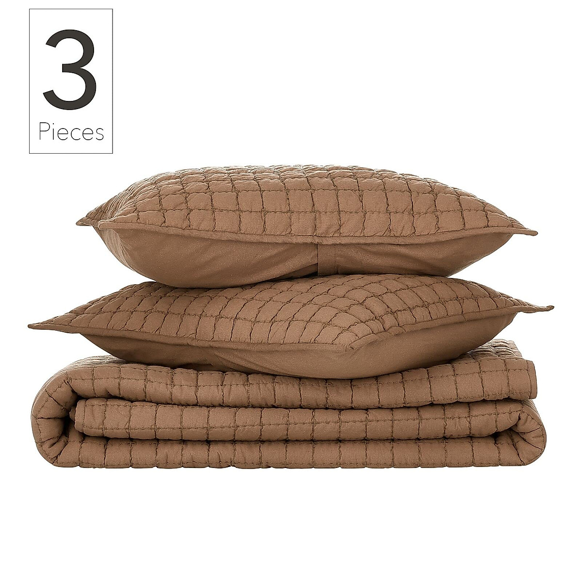 Nate Home by Nate Berkus Solid All-Season Cotton Textured Quilt Set | Breathable and Comfortable Bedding from mDesign - Full/Queen Size - 1 Quilt/2 Pillow Shams, Truffle (Brown)