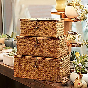 Yesland Shelf Baskets with Lid Set of 3, Handwoven Seagrass Storage Bins Box Rectangular Seagrass Basket Storage Organizer Wicker Basket for Shelf