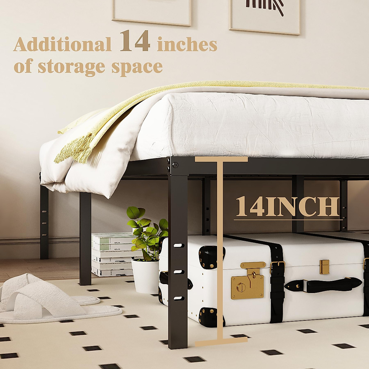 Joceret 14 Inch Queen Size Metal Bed Frame with Steel Slats,Platform,Heavy Duty,Easy Assembly,No Box Spring Needed,Under-Bed Storage Space,Noise Free,Kids and Adults,Bedroom,Black