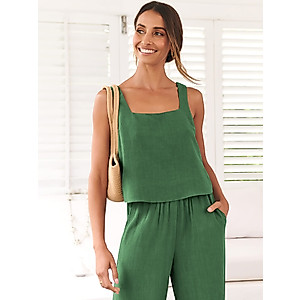 ANRABESS Women's 2 Piece Outfits Linen Pants Jumpsuit Matching Lounge Set Casual Summer Beach Vacation Trendy Clothes Grass XX-Large