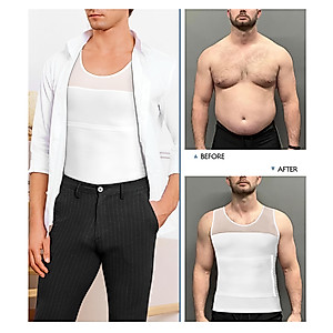 Men Body Shaper Slimming Vest Tight Tank Top Compression Shirt Tummy Control Underwear Moobs Binder (White, L)