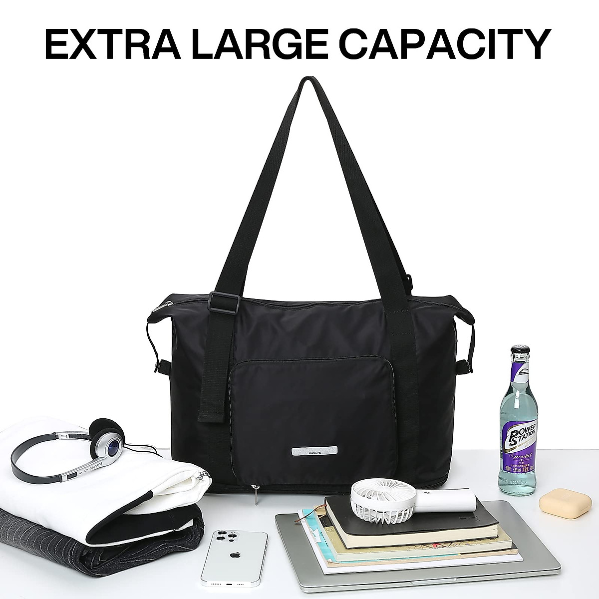 Hanke Expandable Foldable Travel Duffel Bag Collapsible Carry On Bag with Luggage Strap for Airplanes, Water Resistant Weekender Overnight Bag Fits for Men Women