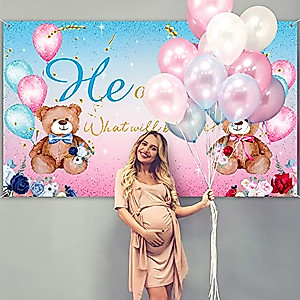 Bear Gender Reveal Party Decoration He or She Gender Reveal Backdrop Banner What Will Baby Be Background Blue Pink Bear Banner for Baby Shower Wall Decorations, 5.9 x 3.6 ft