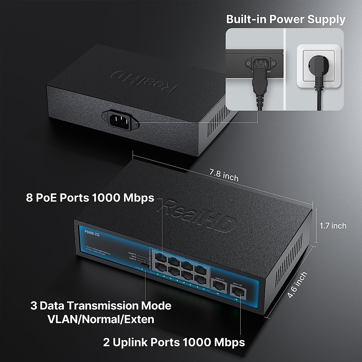 8 Port Full Gigabit PoE+ Switch with Rack Mount Ears, with 2 Gigabit Uplink Ports Up to 30W Per PoE Port, Total Budget 120W, 48 Volt 803.af/at Compliant, Compatible with PoE IP Cameras VOIP Phones