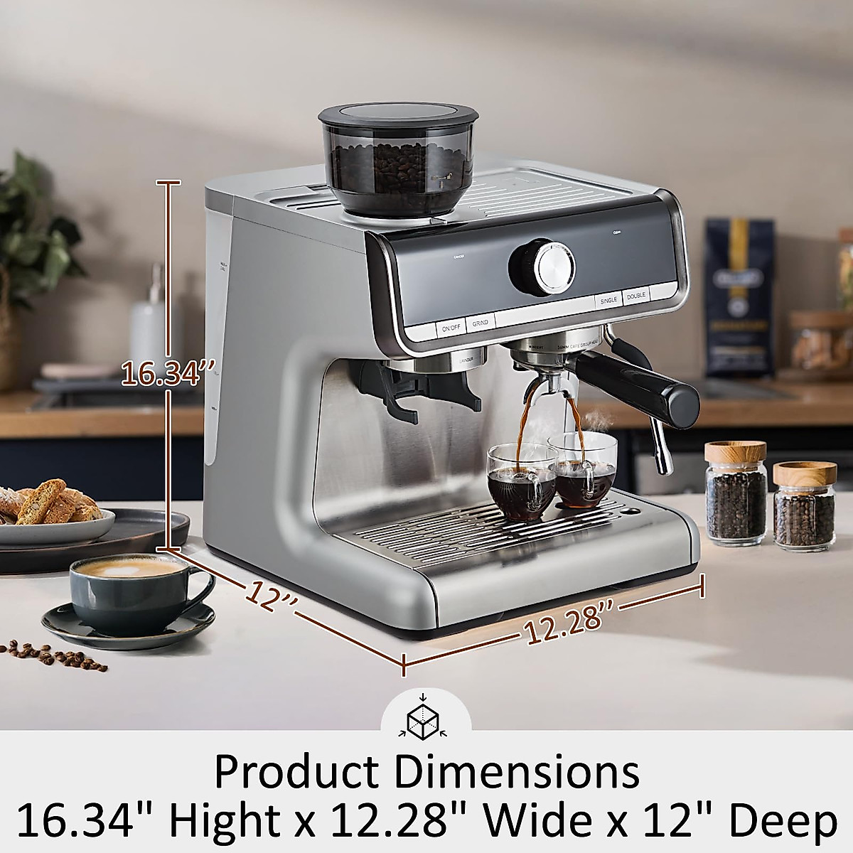 CuisinAid Espresso Machine, 20 Bar Espresso Maker With Grinder, Milk Frother, Steam Wand, Coffee Maker With 2.8L Removable Water Tank For Home Capuchinos, Latte, Gift