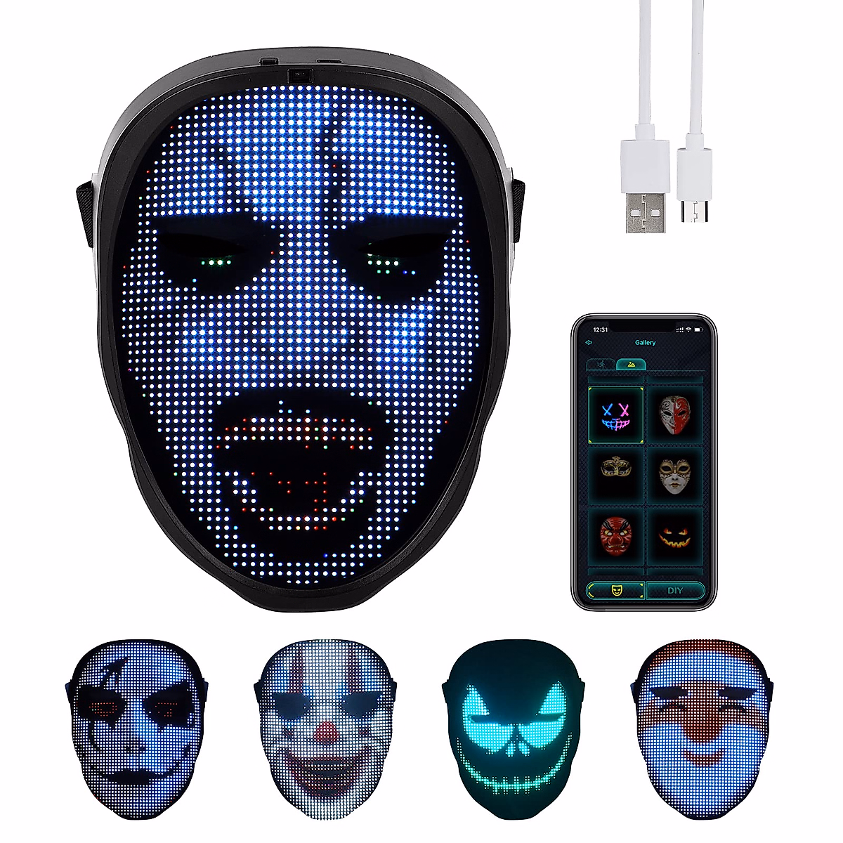 Saparlo LED Mask with Gesture Sensor, Rechargeable Bluetooth Light Up Mask, Face Transforming Shining LED Face Mask, APP Controlled-Programmable Glow Mask for Kids/Adult Cosplay Costume Party