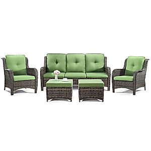 Gardenbee Patio Conversation Set 5-PCS Wicker Outdoor Furniture Conversation Set with 3-Seat Sofa, 2 Armchair, 2 Ottoman Patio Rattan Wicker Sectional Sofa Set with Olefin Cushion, Green