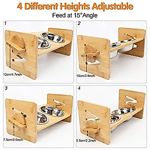 Elevated Dog Bowls,Adjustable 15° Tilted Slanted Raised Pet Food Water Feeder with Stainless Steel Bowl for Small Dogs Cat,French Bulldog Feeding Dishes with Bamboo Stand for Flat Face Puppy