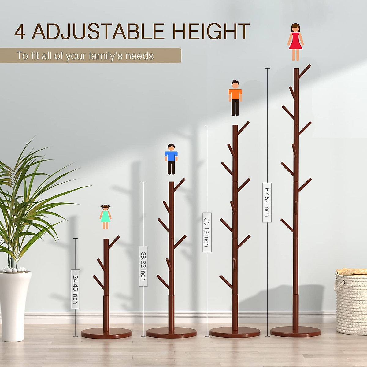 Wooden Coat Rack Freestanding Coat Tree with 4 Height Options and 9 Hooks, Sturdy Coat Rack Stand for Clothes/Bags/Hats, Easy Assemble Save Space for Entryway,Bedroom,Office,Narrow Place (Brown)