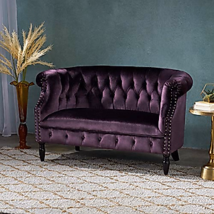Christopher Knight Home Milani Tufted Scroll Arm Velvet Loveseat, Blackberry / Dark Brown