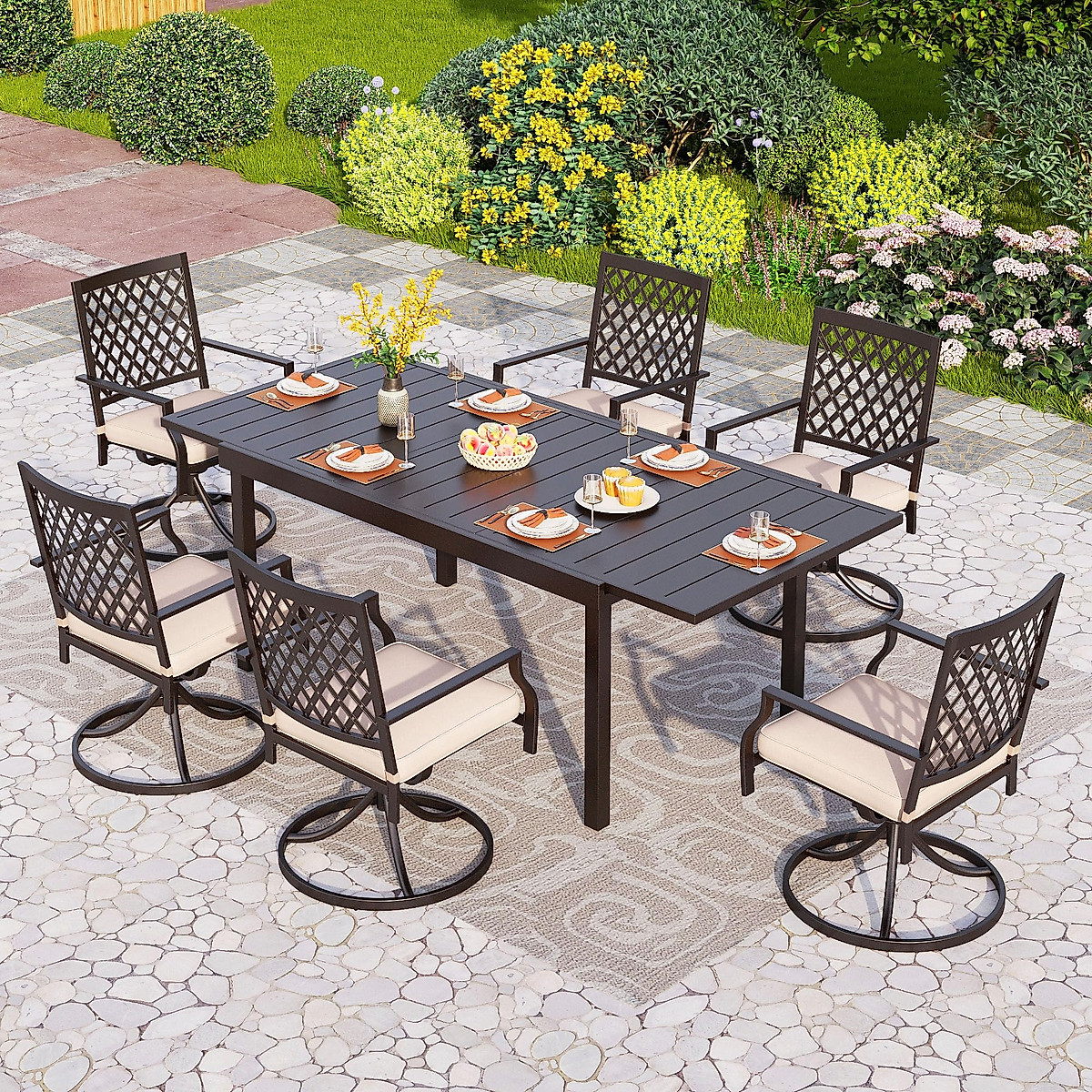PHI VILLA Patio Dining Set 7 Pcs 1 Extendable Dining Table and 6 Swivel Chairs Support 300 lbs for Outdoor Backyard Bistro Furniture Set with Cushion