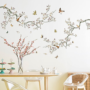 Green Leaf Branch Wall Decals White Flowers Wall Stickers DIY Removable Butterflies and Birds Wall Sticker Art Home Decoration for Kids Baby Girls Bedroom Classroom Offices Nursery TV Sofa Background (B)