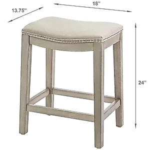 Barton Set of 2 Bar Stools Beige 24" Saddle Backless Premium Padded Indoor/Outdoor Nailhead Cushion Kitchen Counter Chairs Pub Seat Foot Rest
