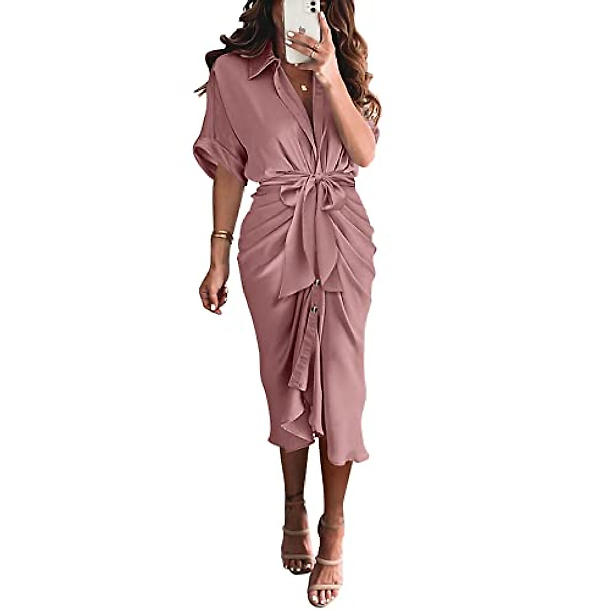 BTFBM Women 2023 Button Down Ruched Shirt Dresses Short Sleeve Lapel V Neck Elegant Party Spring Summer Maxi Satin Dress(Short Sleeve Pink, Small)