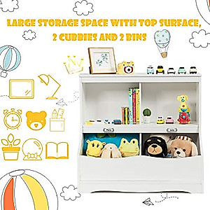 Costzon 4-Cubby Kids Bookcase with Footboard, Name Card, Multi-Bin Children's Toys Storage and Organizer Book Shelf Display, Wooden Toy Box Chest Cabinet for Kids Room Playroom Bedroom Nursery (White)