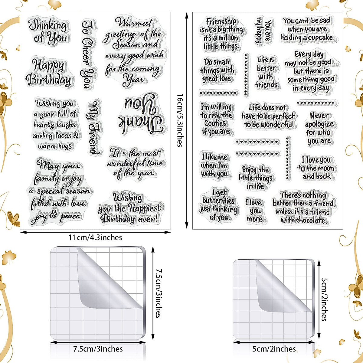 4 Sheets Sentiments Rubber Clear Stamps Set Different Sentiments Rubber Clear Stamp 2 Pieces Acrylic Stamp Blocks Tools with Grid Lines for Holiday Card Making and DIY Scrapbooking Journaling