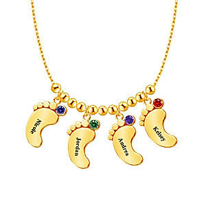 EVER2000 Personalized Mothers Necklace with 1/2/3/4/5 Child Name Engraved Baby Feet Pendant Necklace with Birthstones Customized Name Necklace Jewelry Gift for Mom/Mother