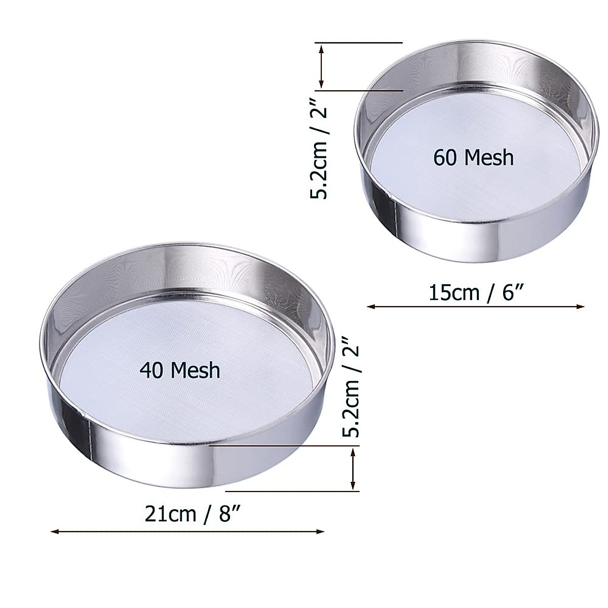 Sieve Fine Mesh, Stainless Steel Round Sifter for Baking, Flour Sieve, 8 Inch 40 Mesh and 6 Inch 60 Mesh, 2PCS