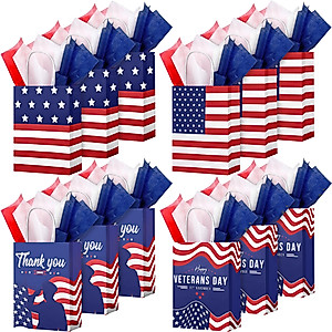 MIMIND 12 Pieces Veterans Day Gift Bags with Handle Patriotic Gift Bags with 24 Red Blue White Tissue Paper Thank You Veterans Goodie Gift Treat Bags for Veterans Day Memorial Day Independence Day