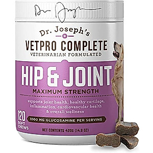 VetPro Dog Hip and Joint Supplement - Pain and Inflammation Relief Chews with Glucosamine, Chondroitin, MSM, Turmeric, Vitamin C, Omega 3 - Treats Hip Dysplasia, Arthritis - Dogs Chewable Supplements