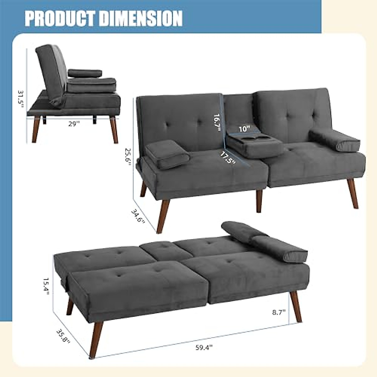 Shintenchi 60" Small Loveseat, 3 in 1 Cute Convertible Sofa Bed, Modern Futon Recliner Sleeper w/2 Cup Holder, Upholstered Folding Couch for Small Space, Dark Gray